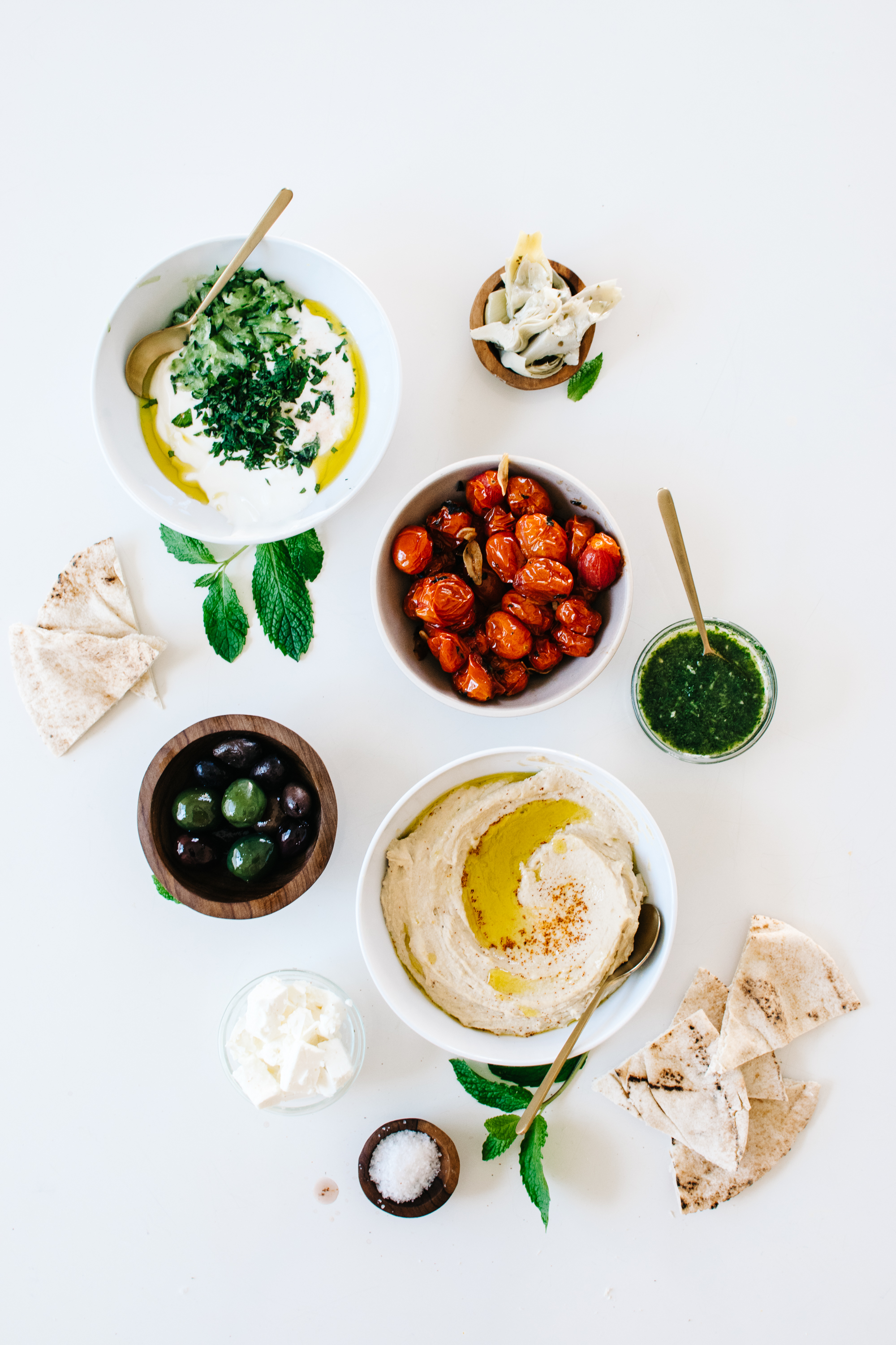 MEZZE BOWLS WITH HUMMUS, TZATZIKI & BASIL MINT PESTO. | Kale & Caramel